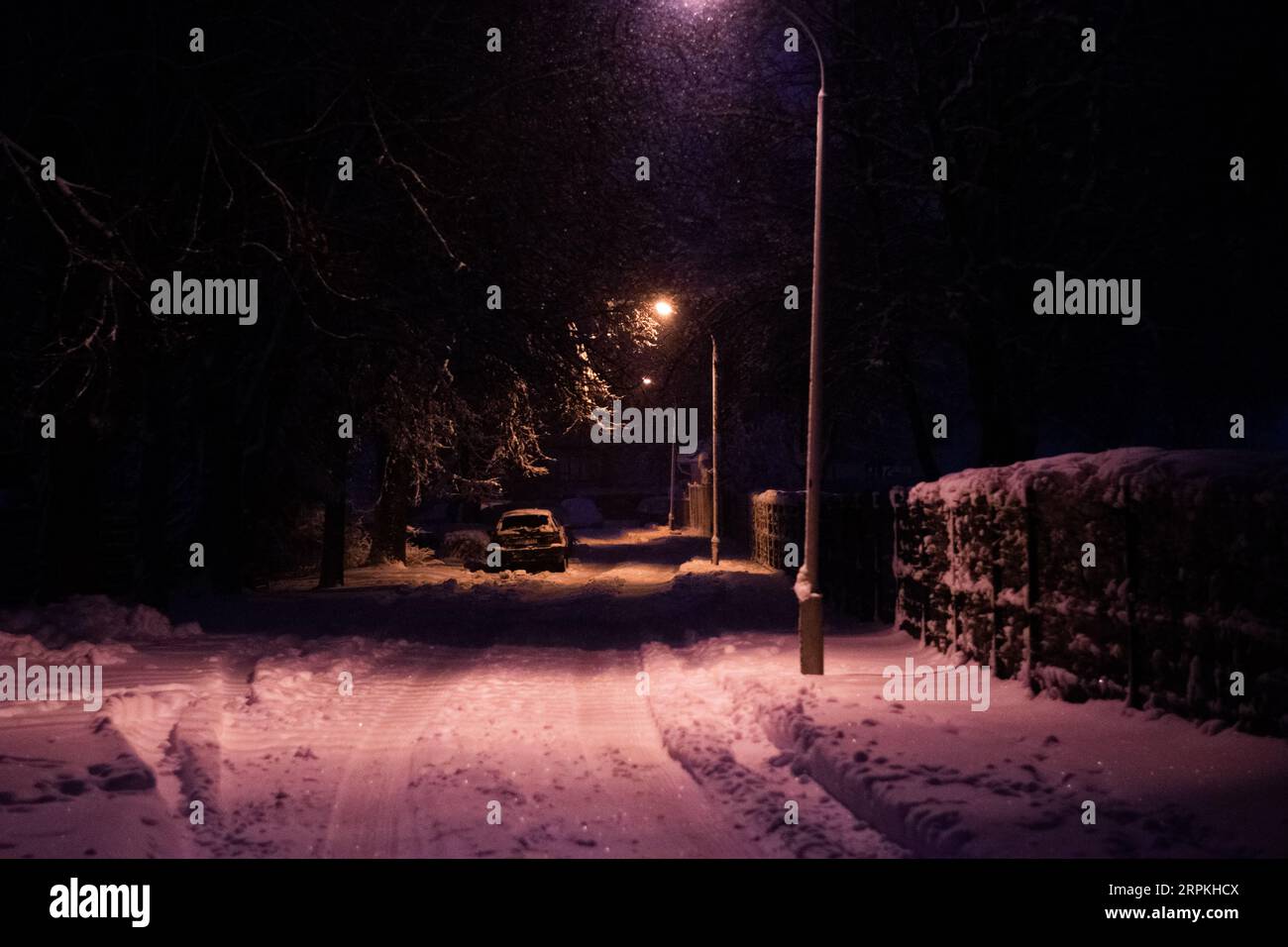 Snow-Covered City Street at Night with Illuminated Streetlights and ...