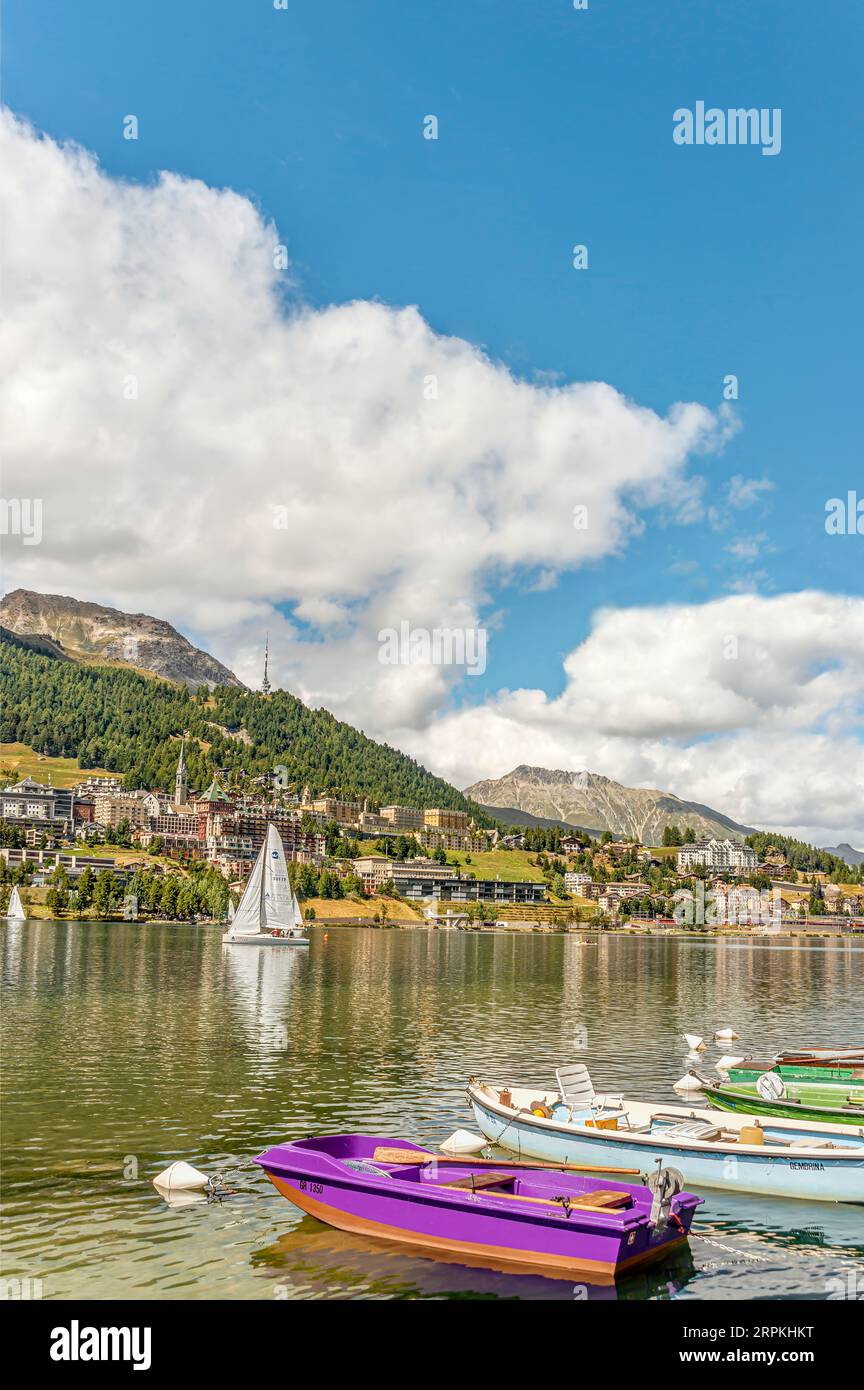 Boats at Lake St Moritz in Summer with St Moritz at the background ...
