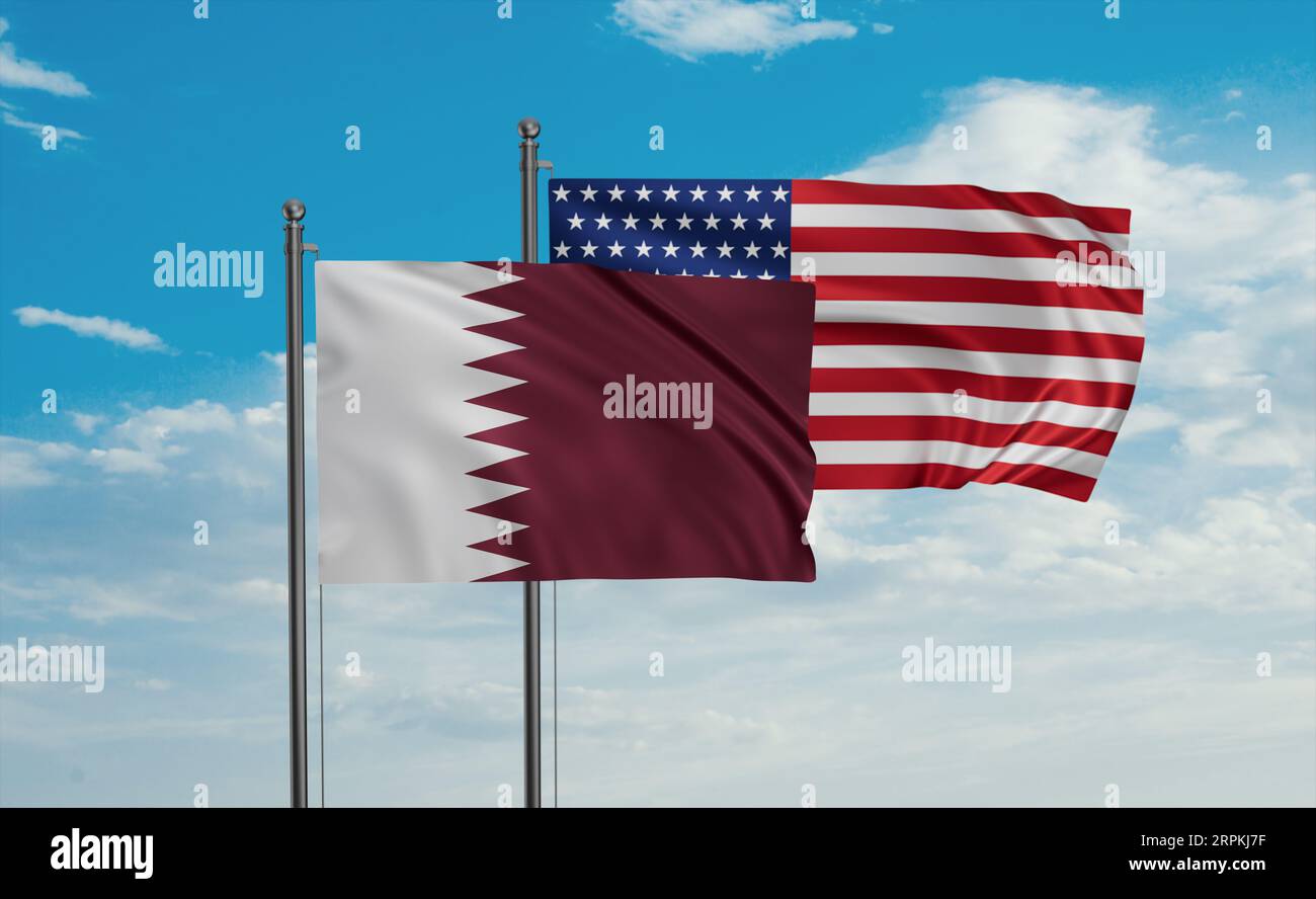 USA and Qatar flag waving together in the wind on blue sky, two country ...