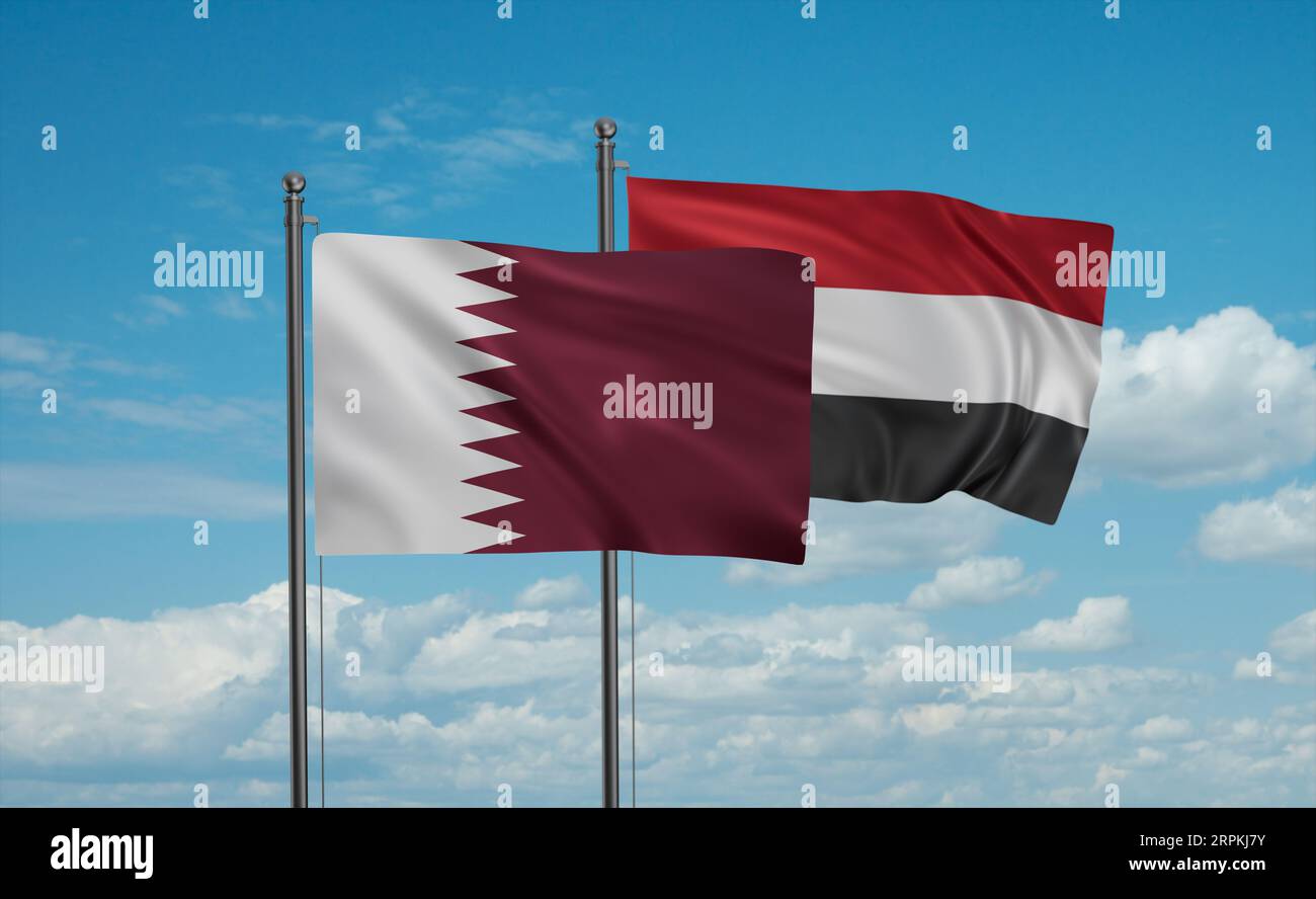Yemen and Qatar flag waving together in the wind on blue sky, two ...