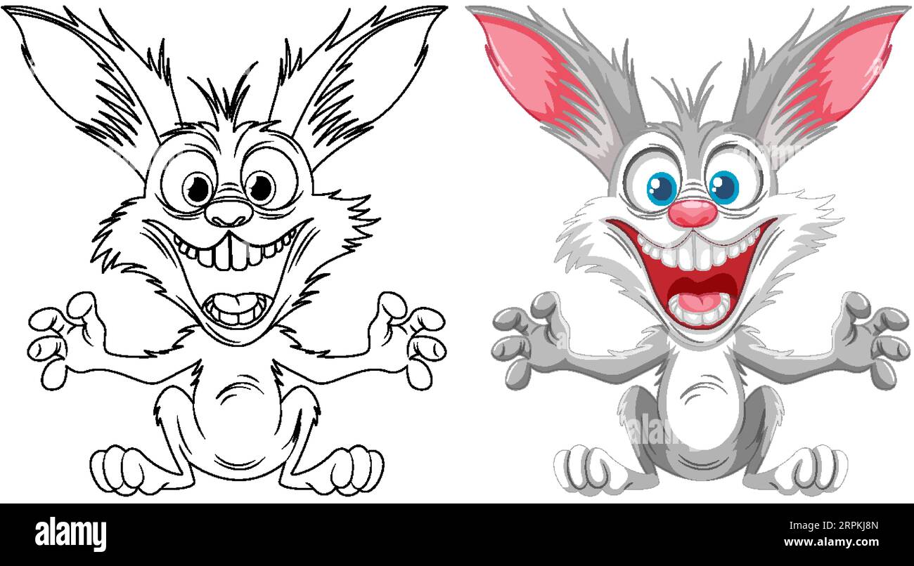 A cartoon rabbit with a scary smile jumping, isolated on white for ...