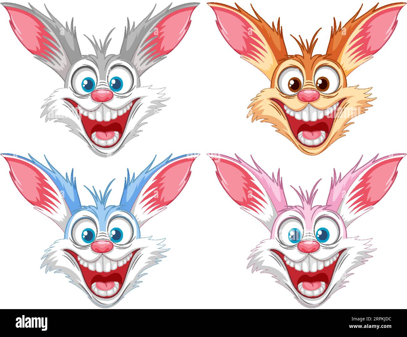 Four cartoon rabbits with wide smiles isolated on a white background ...