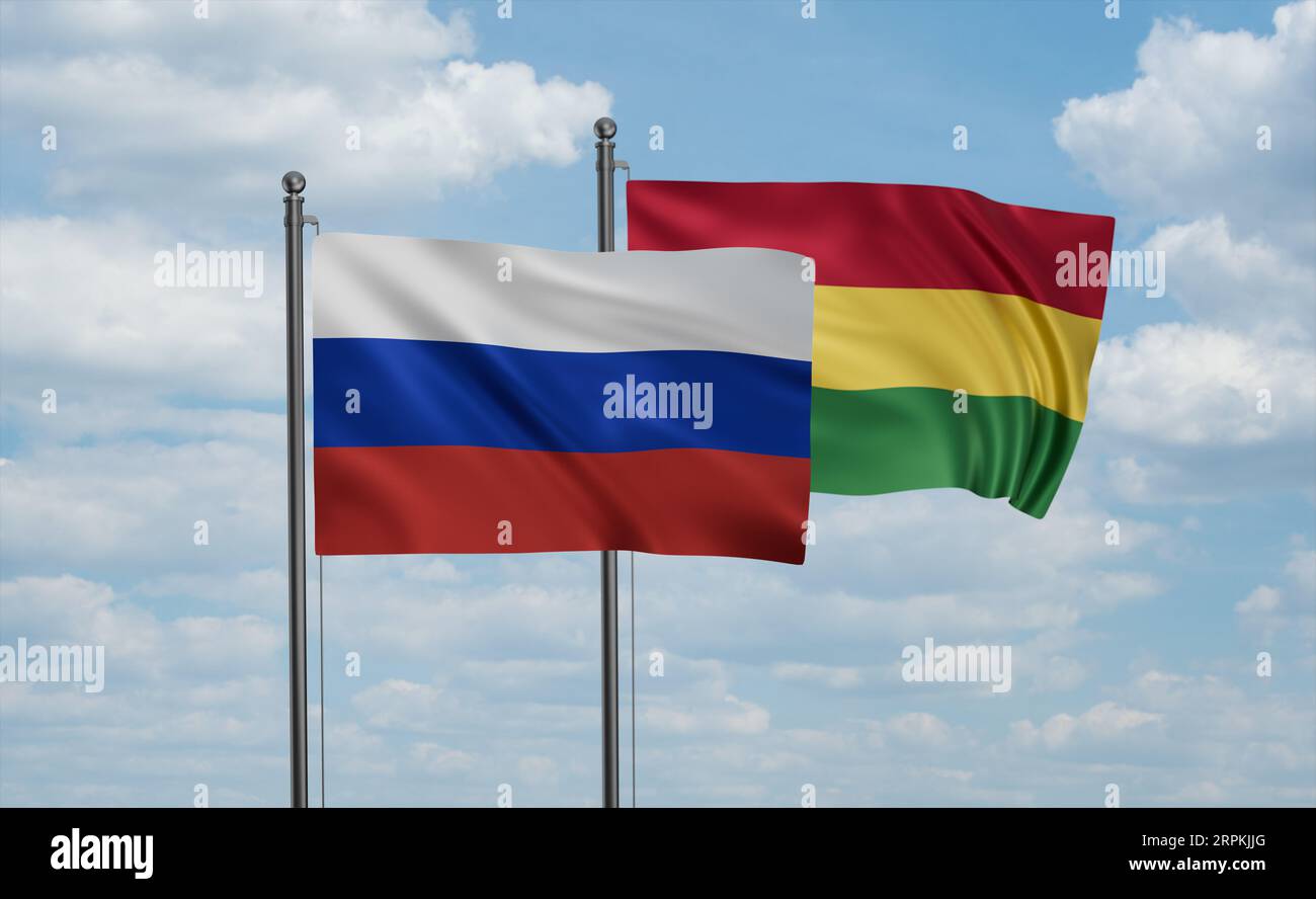 Bolivia flag and Russia flag waving together on blue sky, two country ...
