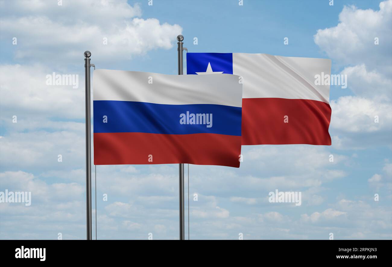 Chile flag and Russia flag waving together on blue sky, two country ...