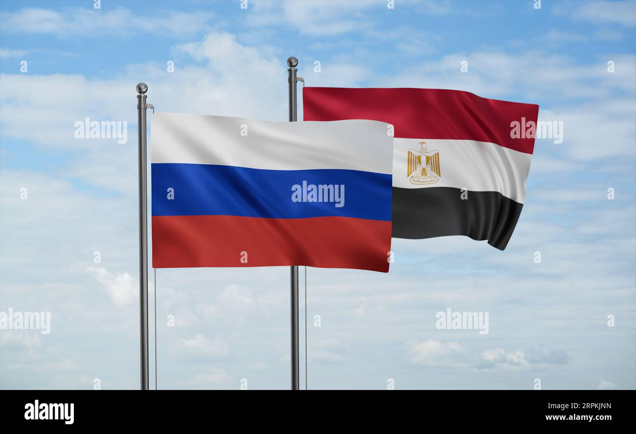 Egypt flag and Russia flag waving together on blue sky, two country ...