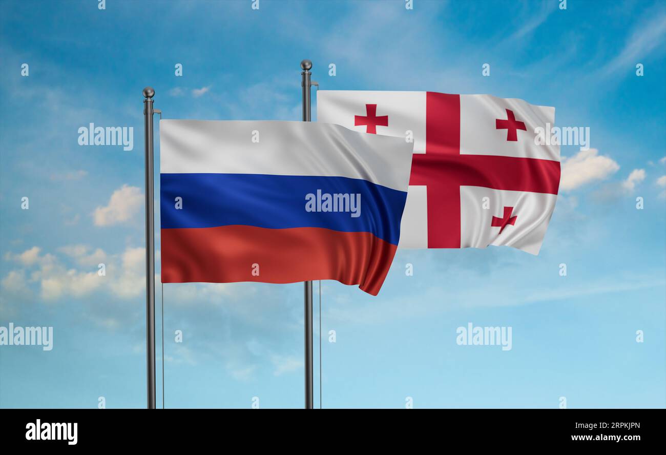 Georgia flag and Russia flag waving together on blue sky, two country ...