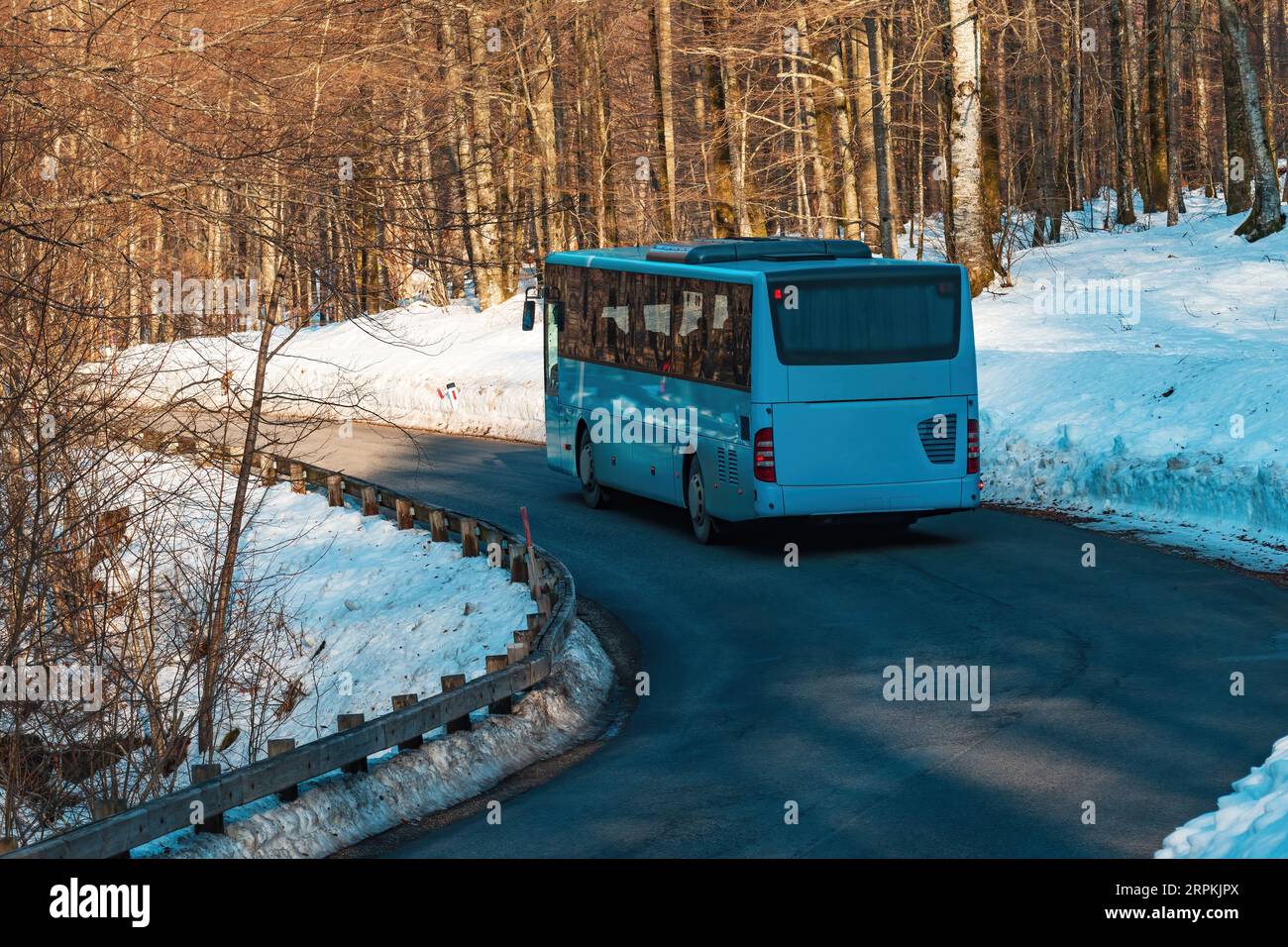 Tourist shuttle bus on the road through wooded landscape in winter ...