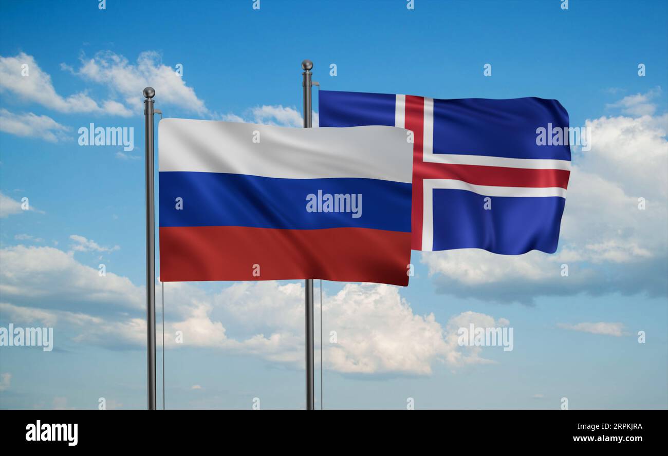 Iceland and Russia flag waving together in the wind on blue sky, two ...