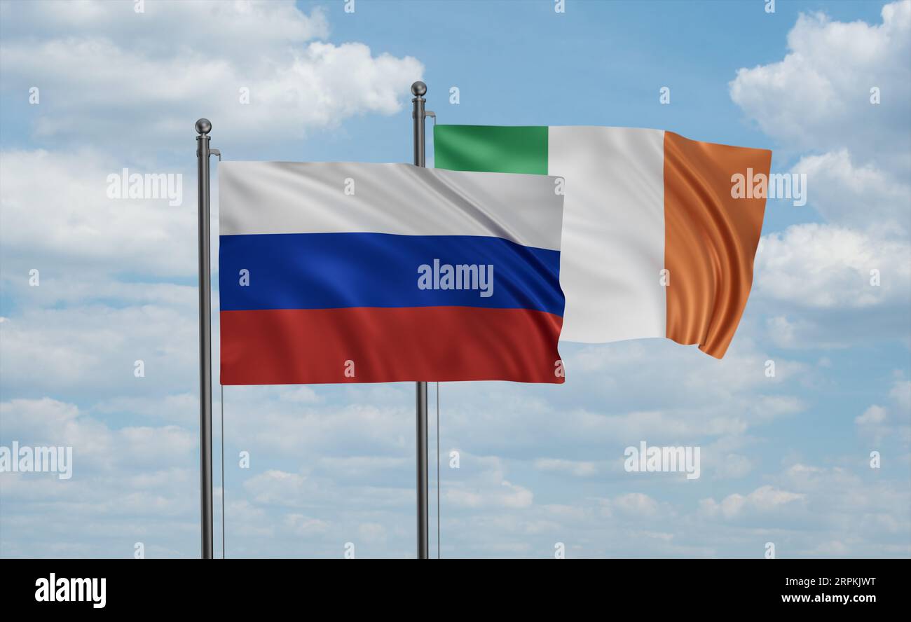 Ireland and Russia flag waving together in the wind on blue sky, two ...