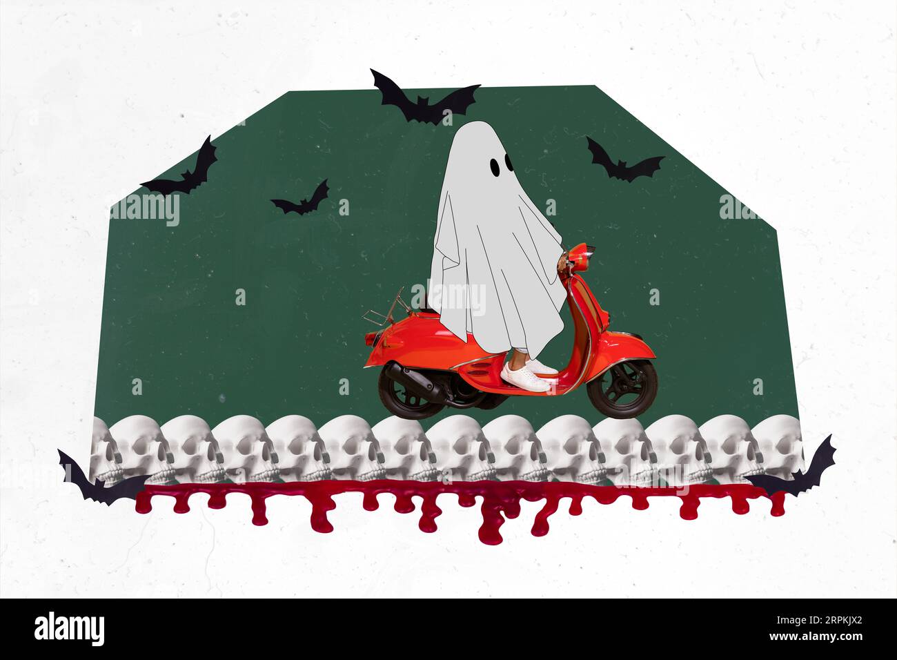 Image collage picture of spooky scary ghost driving scooter moving road ...