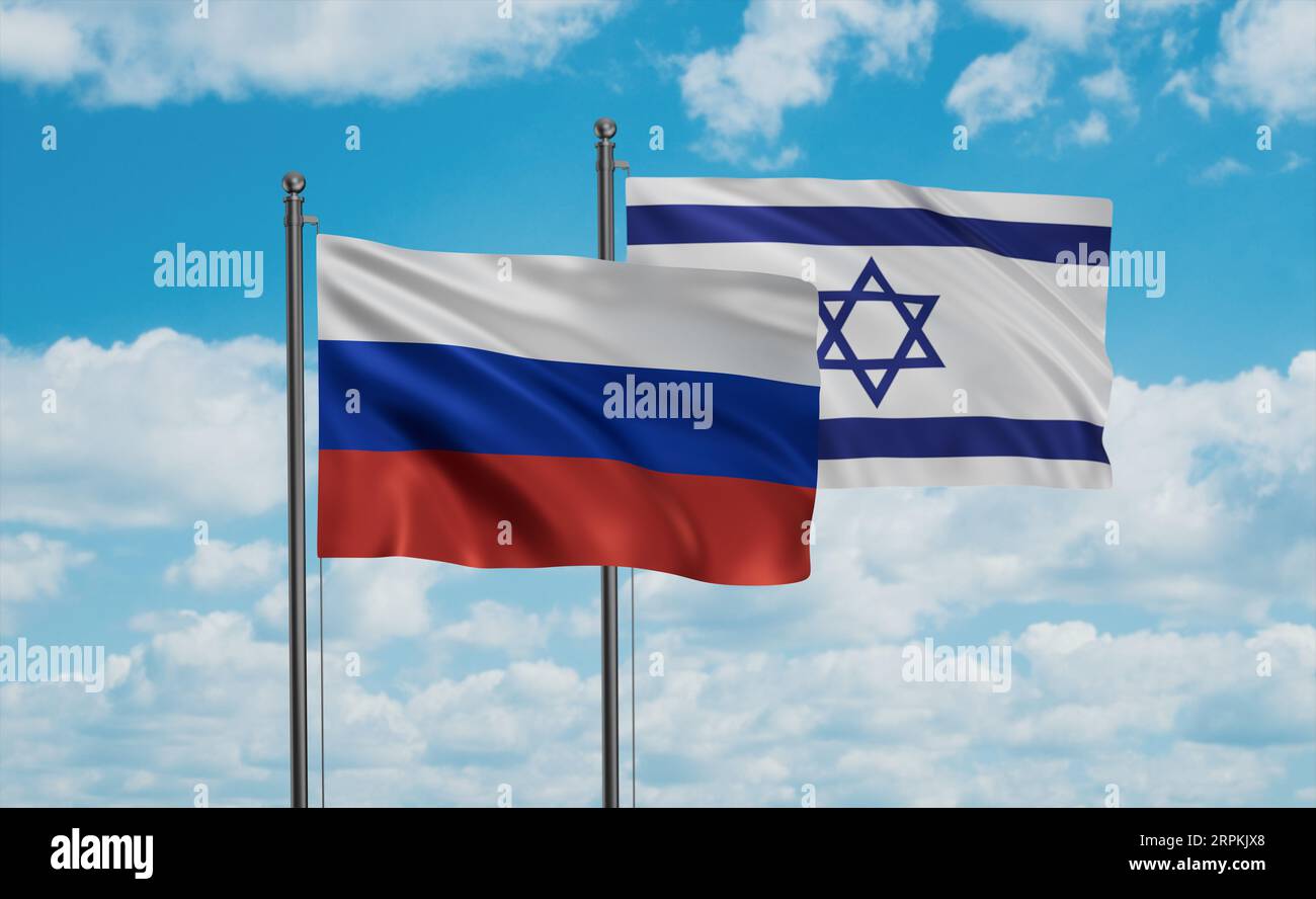 Israel flag and Russia flag waving together on blue sky, two country ...