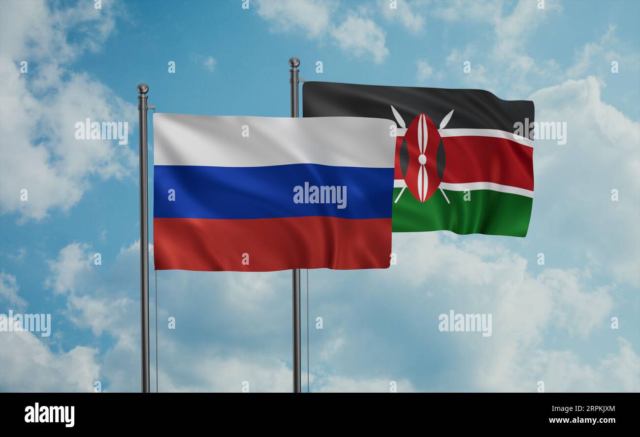 Kenya flag and Russia flag waving together on blue sky, two country ...