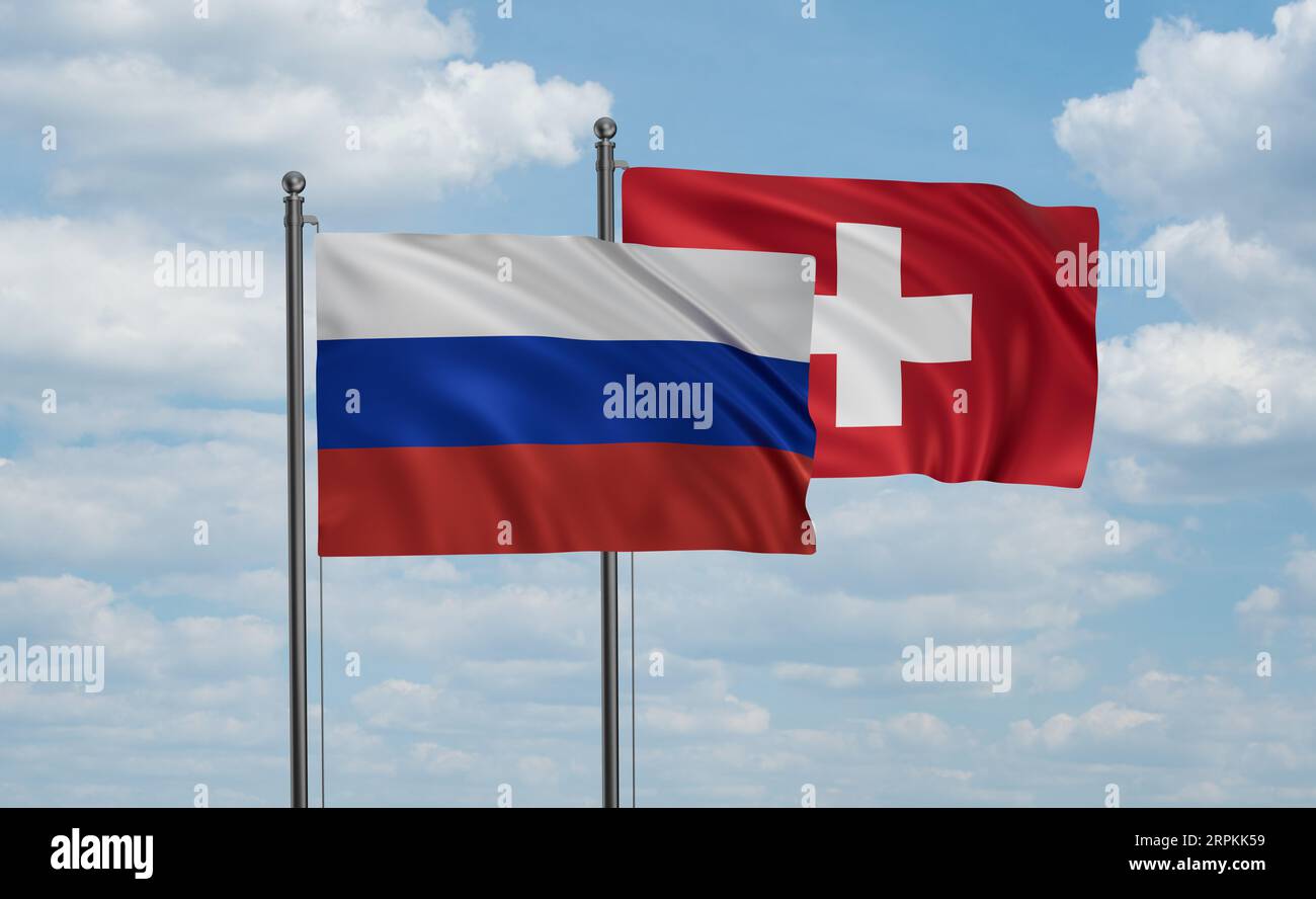 Switzerland and Russia flag waving together in the wind on blue sky ...