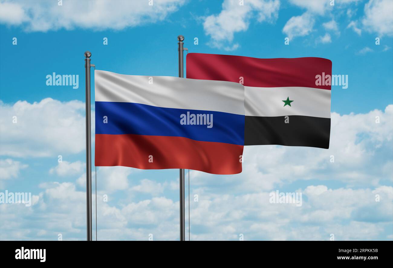 Syrian Arab Republic, Syria and Russia flag waving together in the wind ...