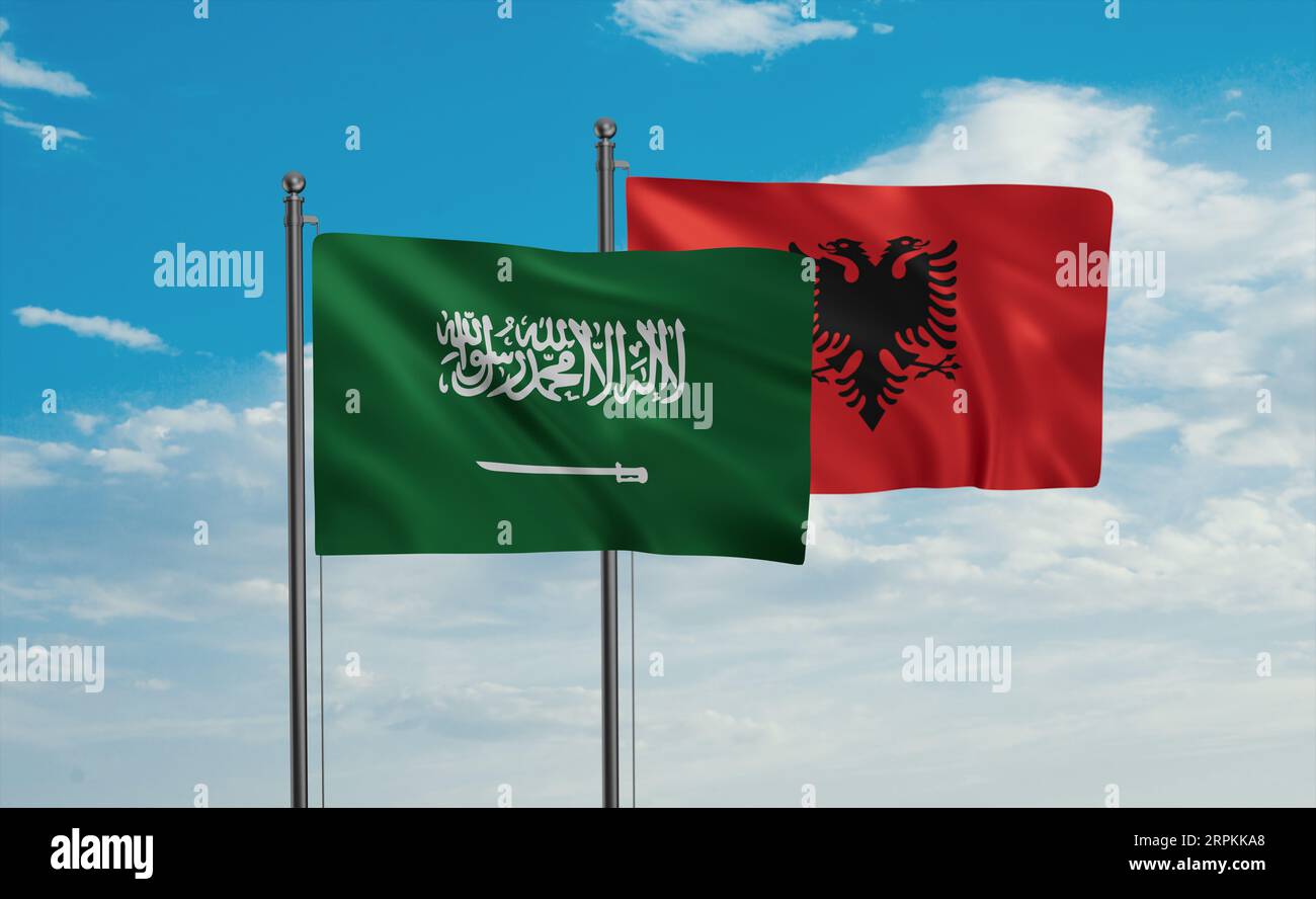 Saudi Arabia, KSA flag and Albania flag waving together in the wind on ...