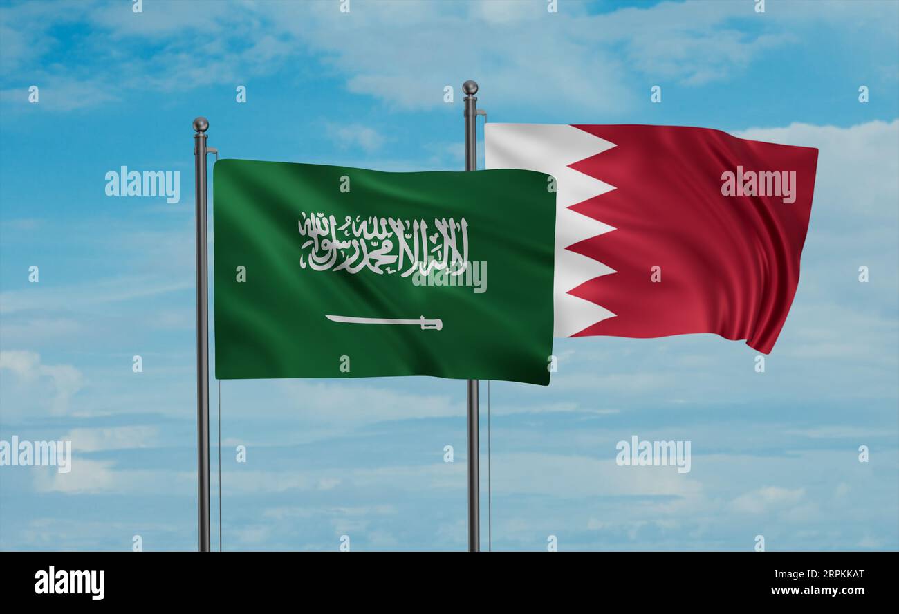 Bahrain flag and Saudi Arabia, KSA flag waving together on blue sky ...