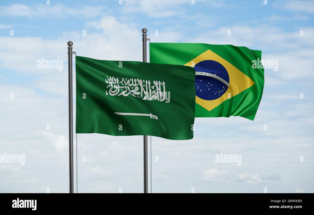 Brazil flag and Saudi Arabia, KSA flag waving together on blue sky, two ...