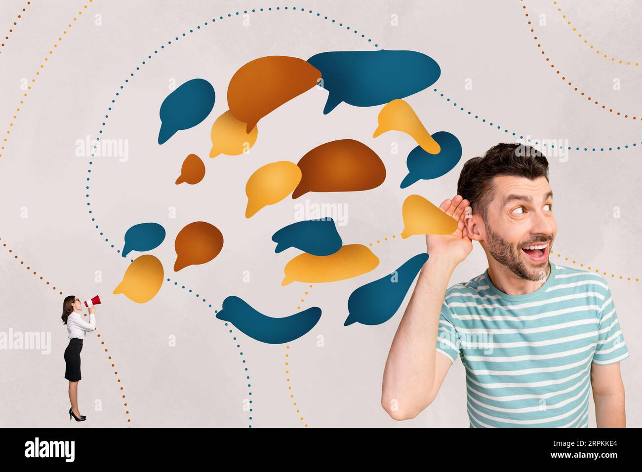 Collage creative 3d photo of funky guy hand touch ear listen ...