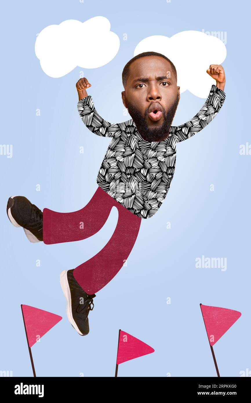 Collage image of happy cheerful guy running sport contest winning ...