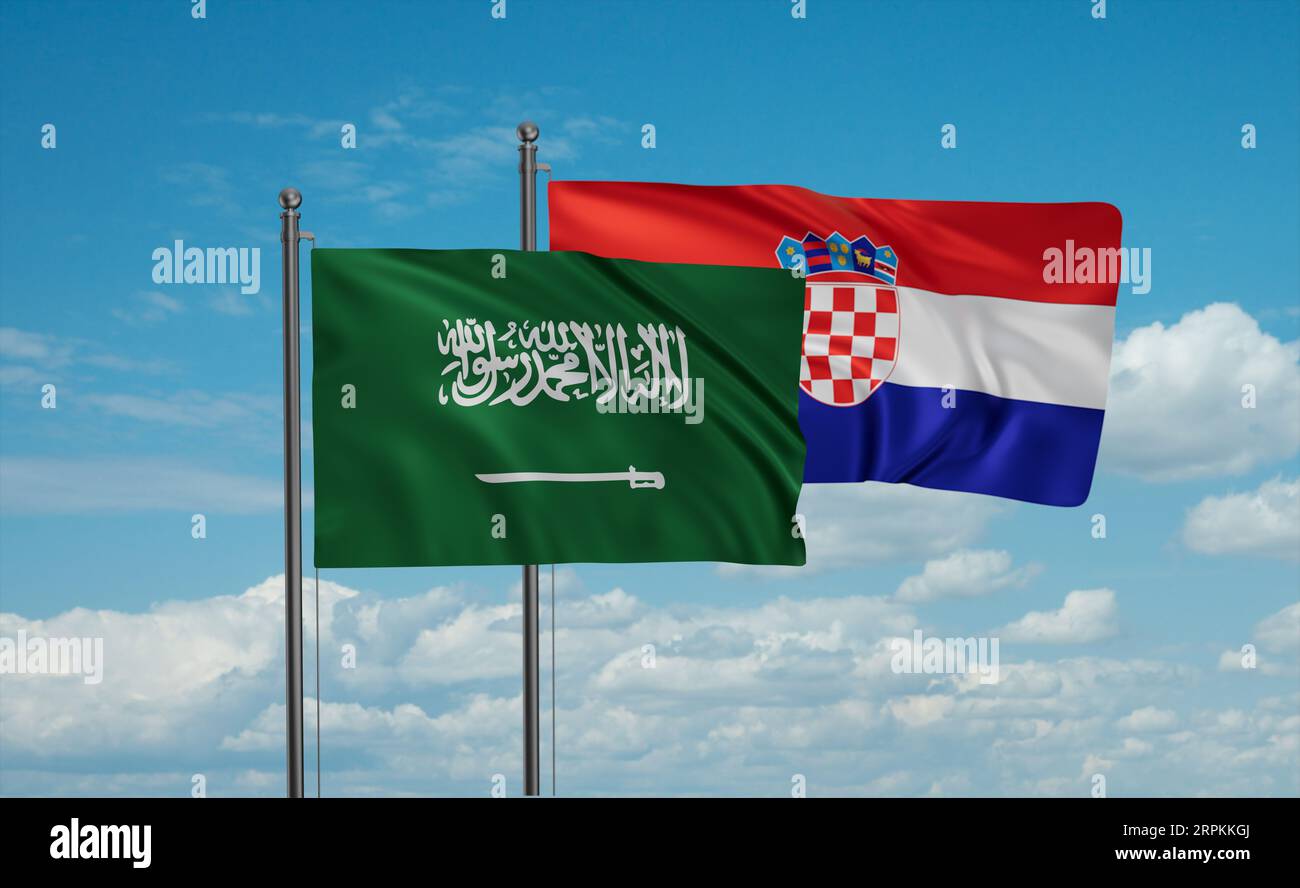 Croatia and Saudi Arabia, KSA flag waving together in the wind on blue ...