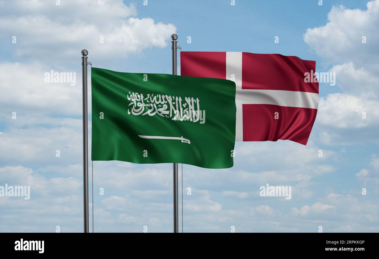 Denmark flag and Saudi Arabia, KSA flag waving together on blue sky ...