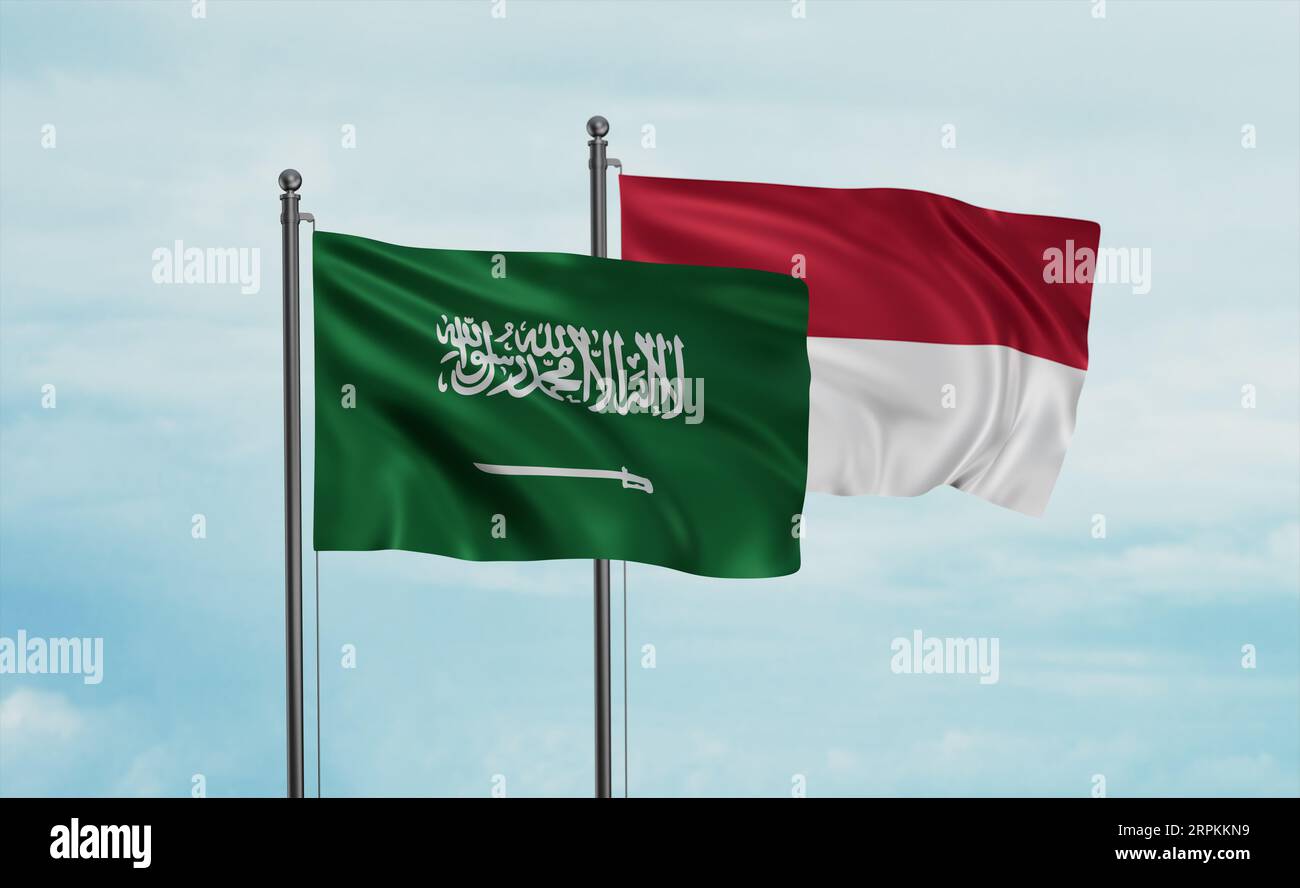 Indonesia flag and Saudi Arabia, KSA flag waving together on blue sky ...