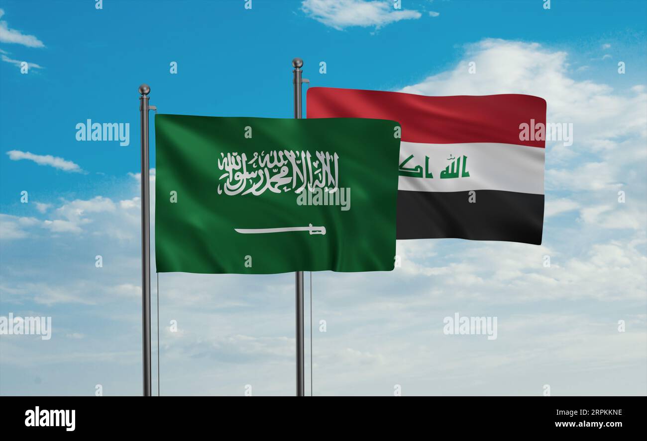 Iraq flag and Saudi Arabia, KSA flag waving together on blue sky Stock ...