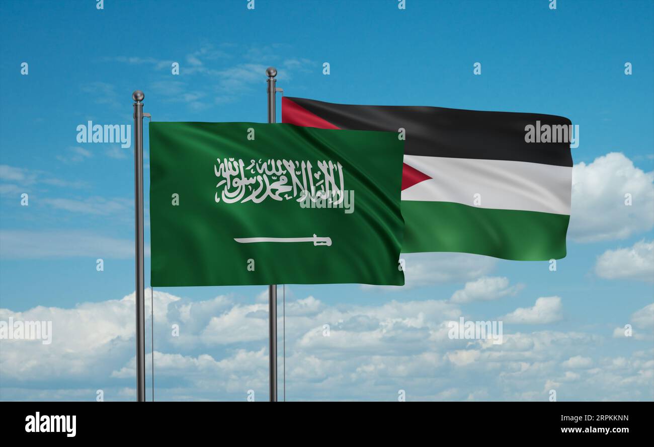Jordan and Saudi Arabia, KSA flag waving together in the wind on blue ...