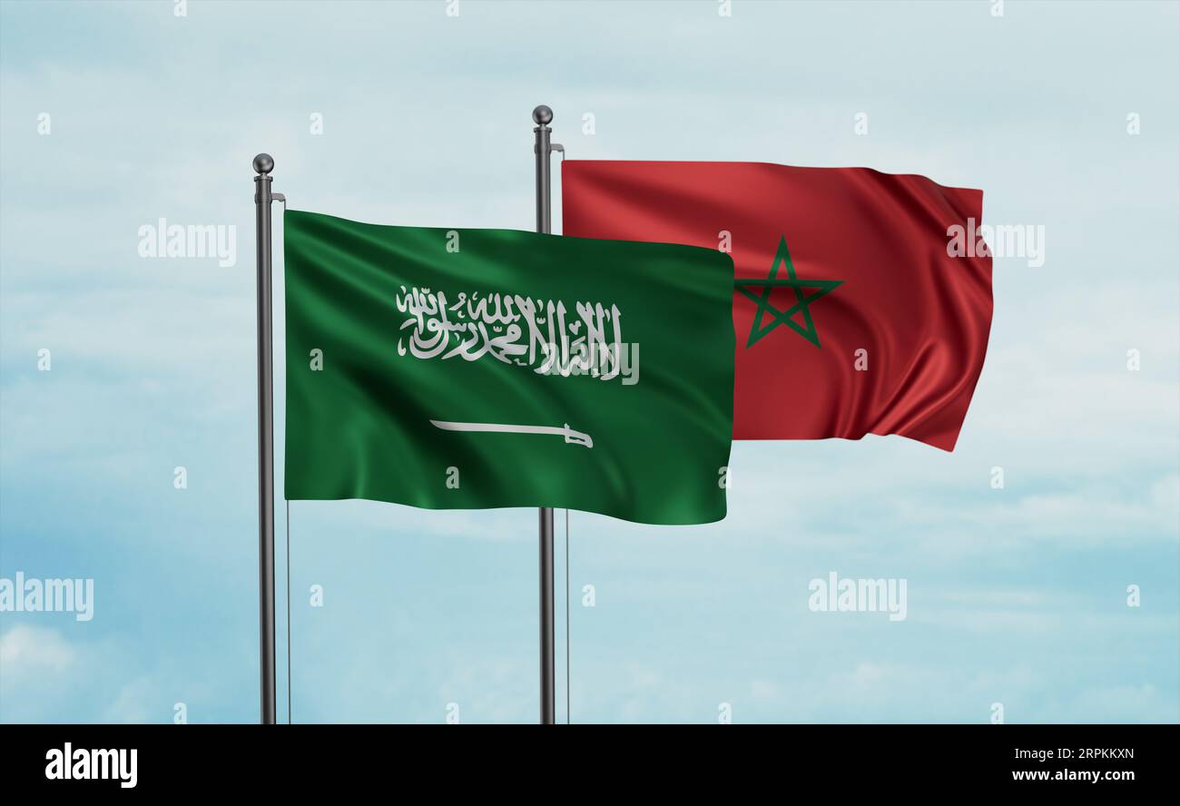 Morocco flag and Saudi Arabia, KSA flag waving together on blue sky ...