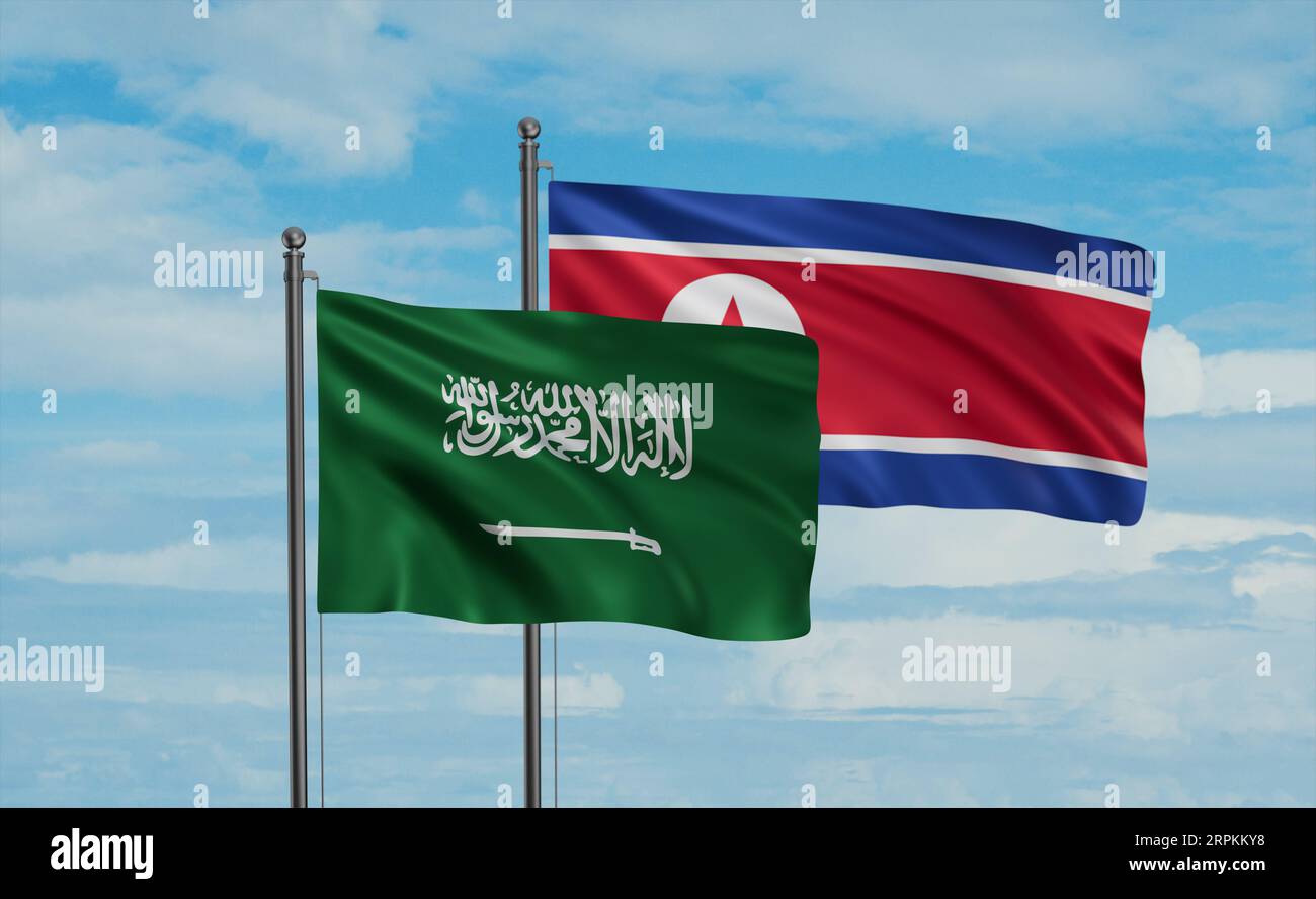 North Korea and Saudi Arabia, KSA flag waving together in the wind on ...