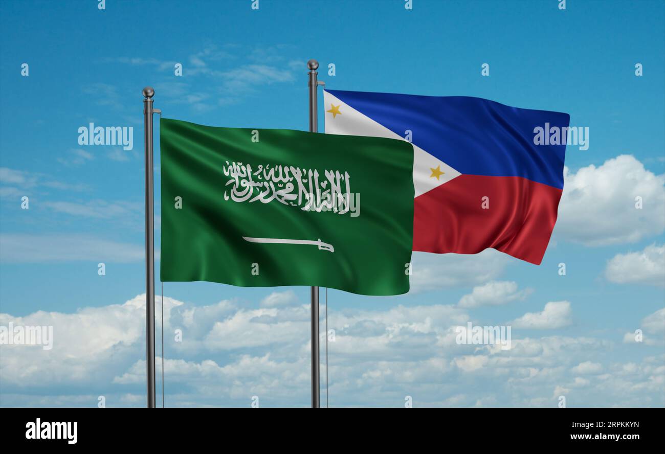 Philippines and Saudi Arabia, KSA flag waving together in the wind on ...