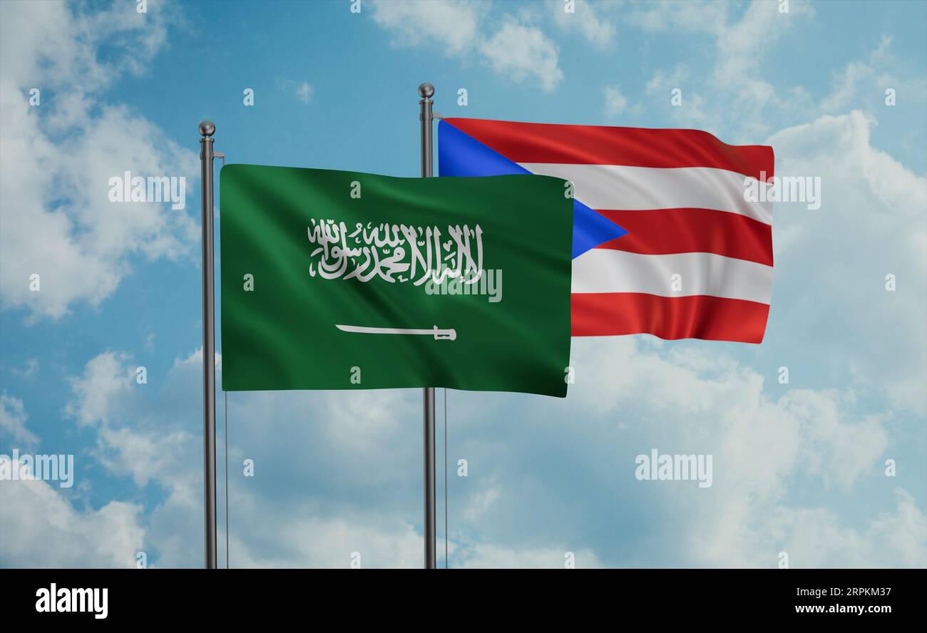Puerto Rico and Saudi Arabia, KSA flag waving together in the wind on ...