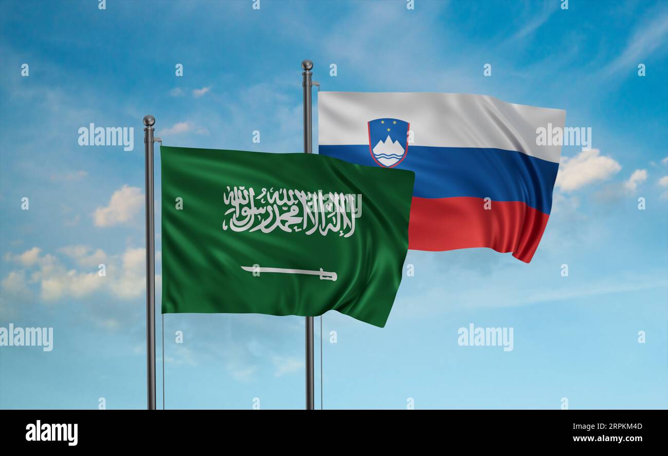 Slovenia and Saudi Arabia, KSA flag waving together in the wind on blue ...
