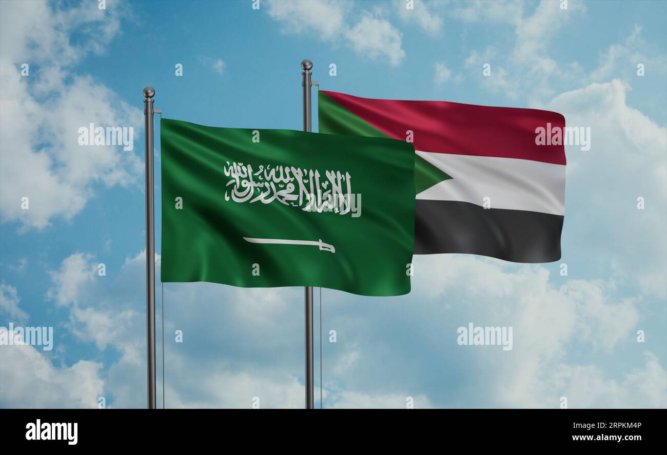 Sudan and Saudi Arabia, KSA flag waving together in the wind on blue ...