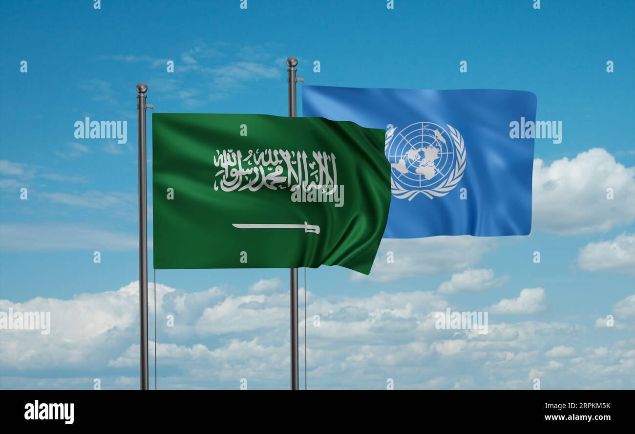 United Nations and Saudi Arabia, KSA flag waving together in the wind ...