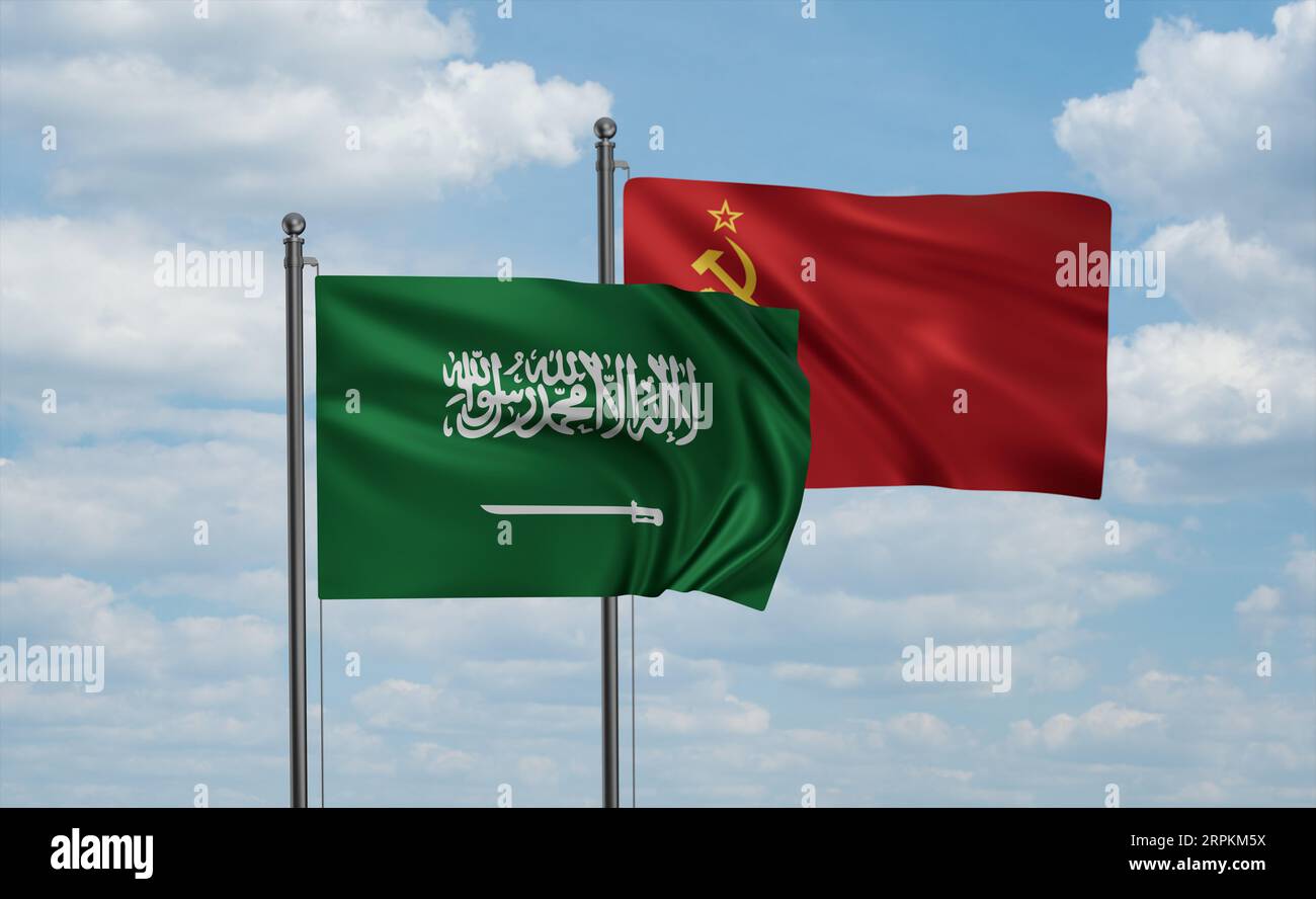 Soviet Union or USSR and Saudi Arabia, KSA flag waving together in the ...