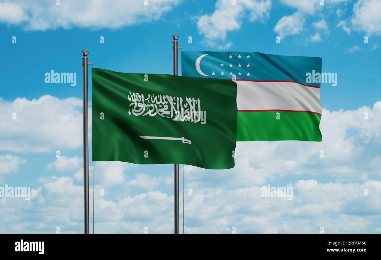 Republic of Uzbekistan and Saudi Arabia, KSA flag waving together in ...