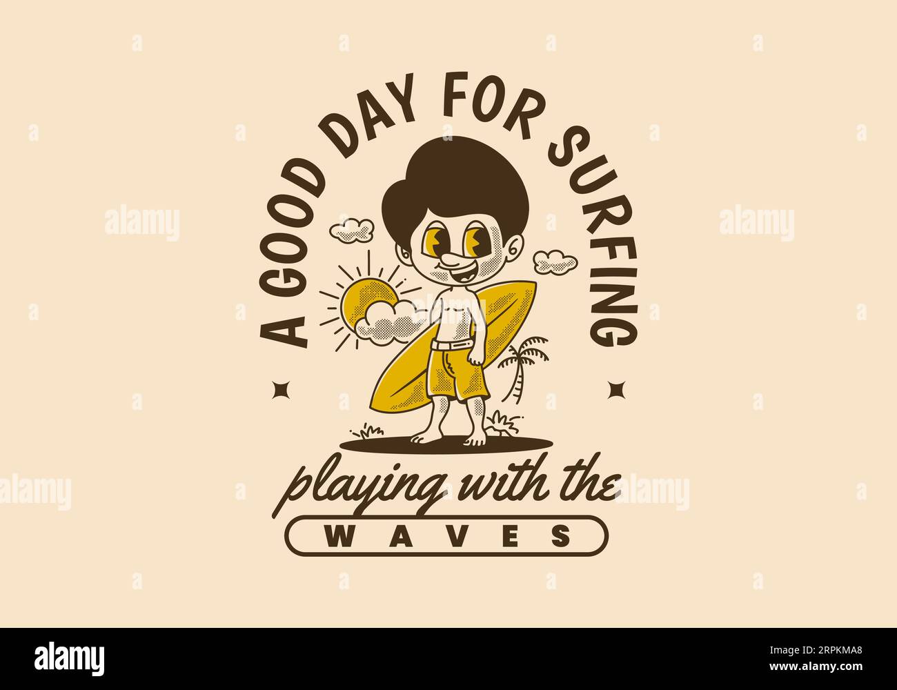 A good day for surfing, vintage illustration of a boy standing on the ...