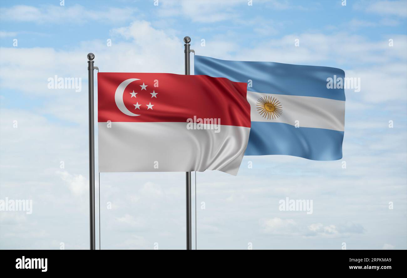 Argentina flag and Singapore flag waving together on blue sky, two ...