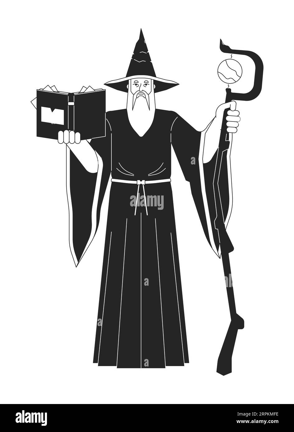 Mysterious wizard flat line black white vector character Stock Vector ...