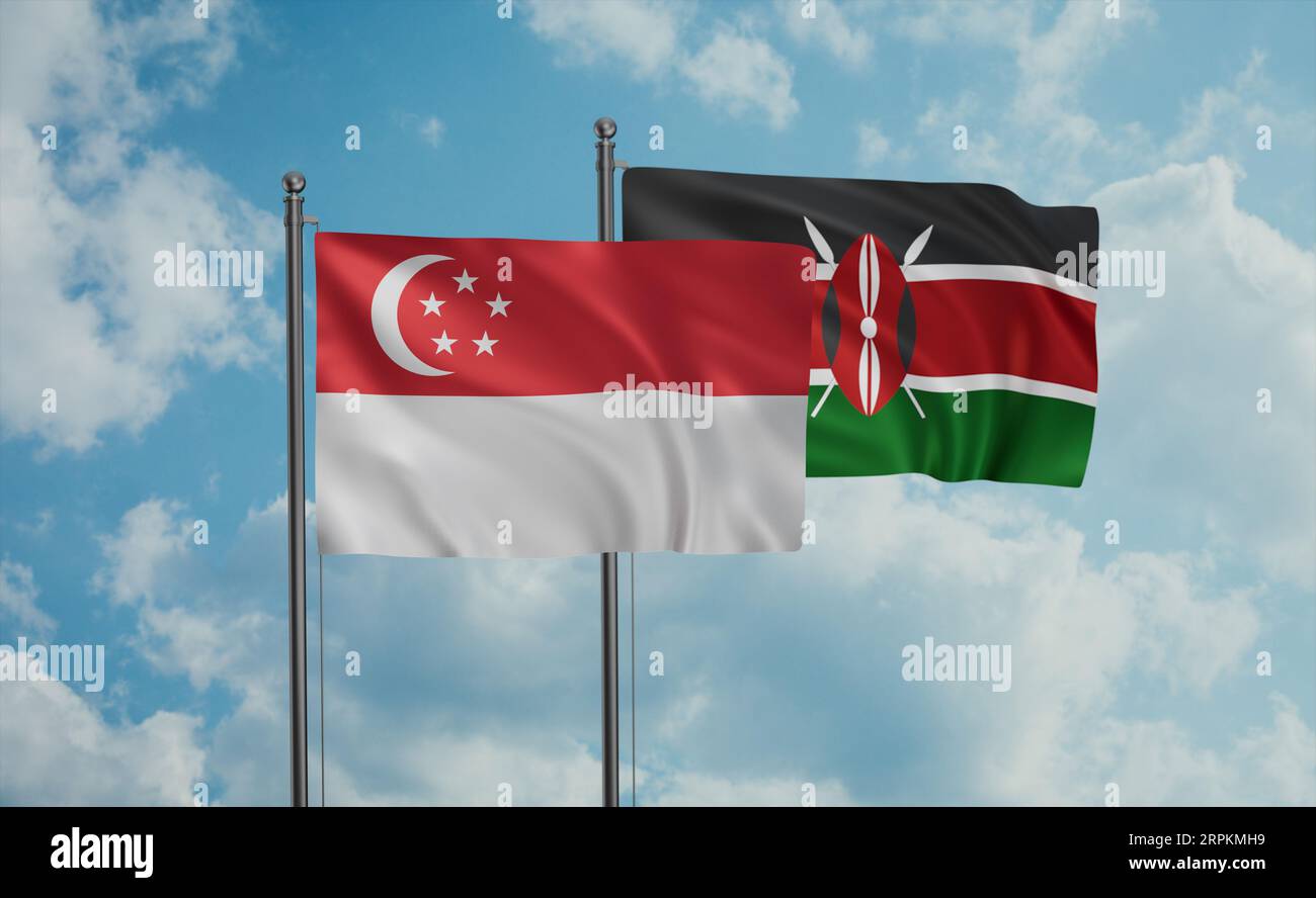 Kenya flag and Singapore flag waving together on blue sky, two country ...