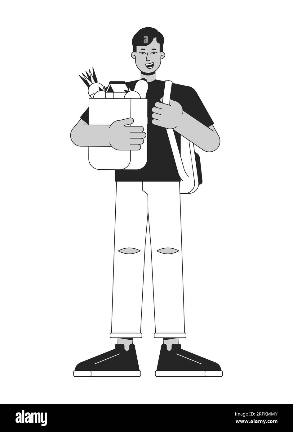 Indian man with purchases flat line black white vector character Stock ...