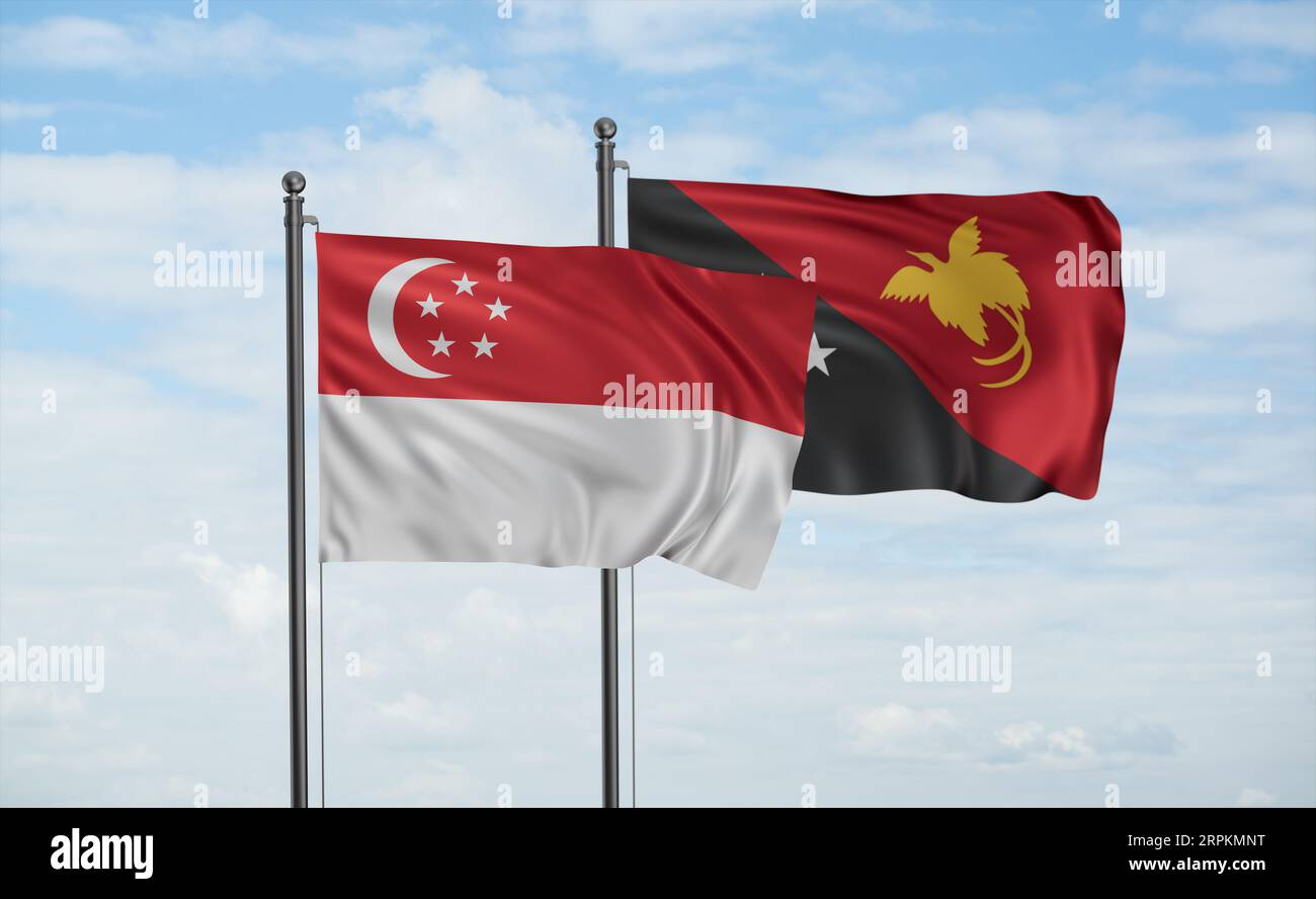 Papua New Guinea flag and Singapore flag waving together on blue sky ...