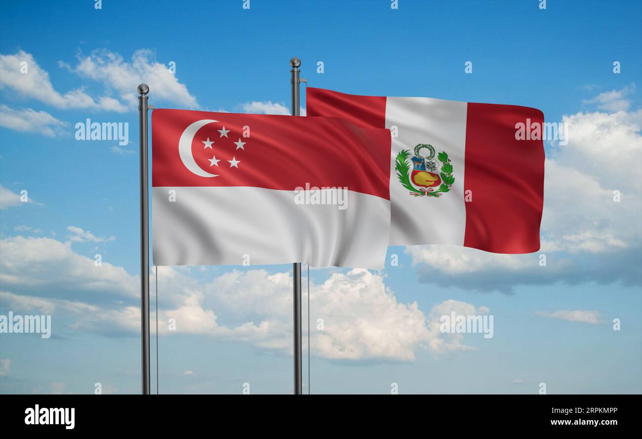Peru and Singapore flag waving together in the wind on blue sky, two ...