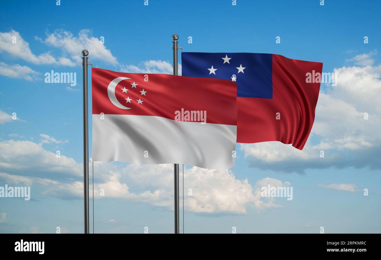 Samoa and Singapore flag waving together in the wind on blue sky, two ...