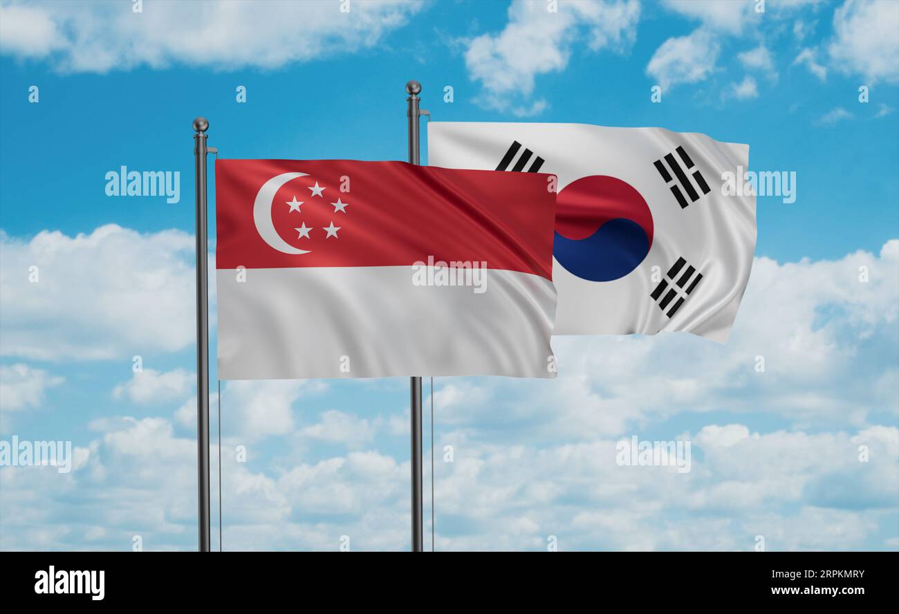 South Korea or Republic of Korea or ROK and Singapore flag waving ...