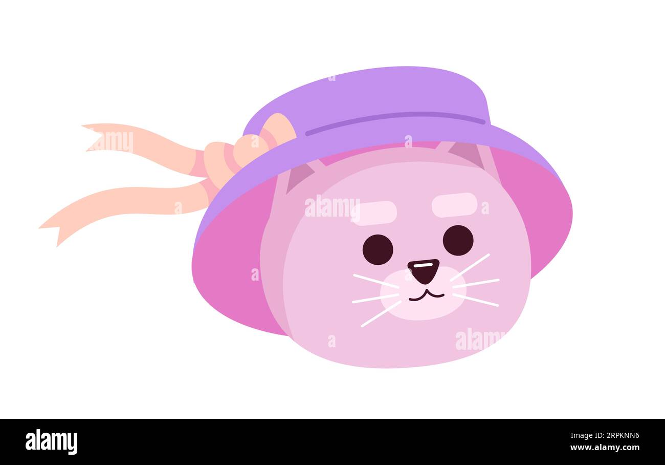 Cute kitten wearing girlish ribbon hat semi flat vector character head ...