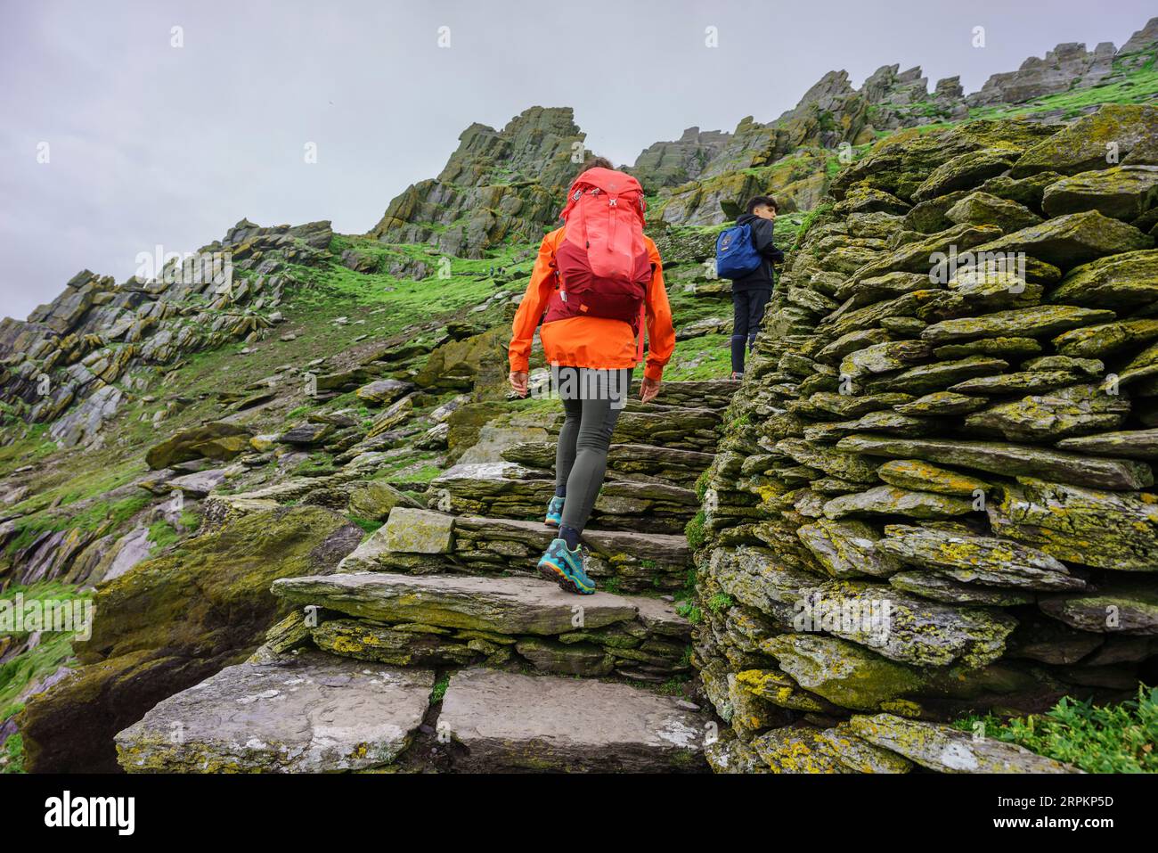 visitors on the steep path up to the monastery, Skellig Michael island ...