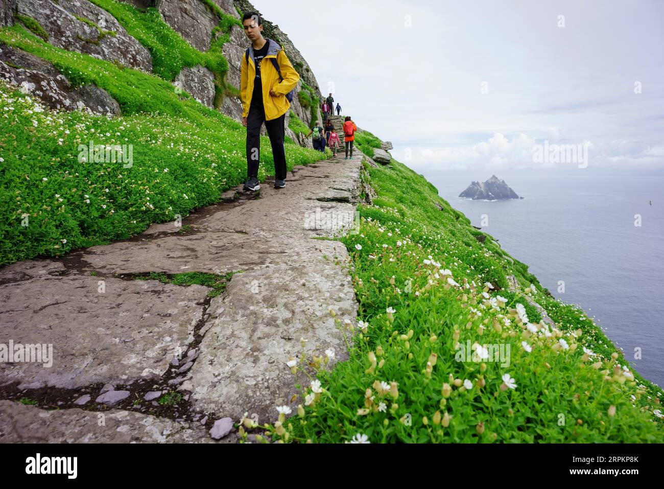 visitors on the steep path up to the monastery, Skellig Michael island ...