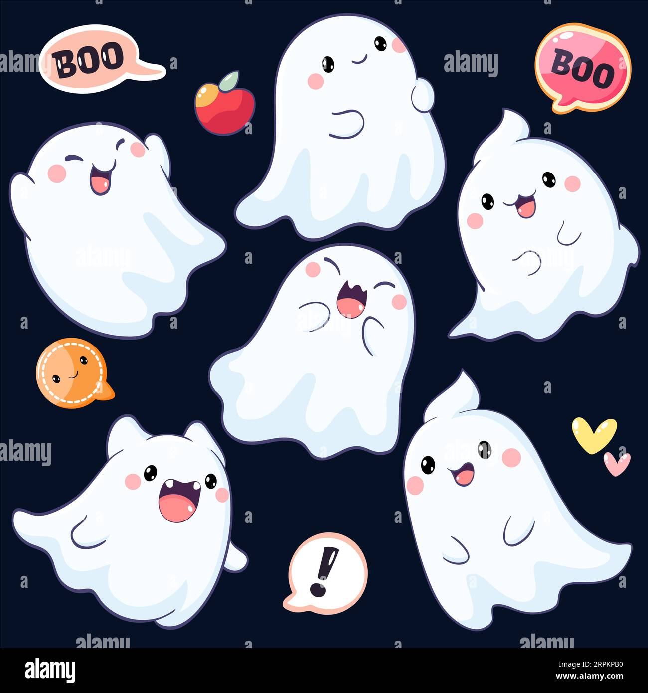 Set of little ghosts in kawaii style. Tiny ghosts in multiple poses ...